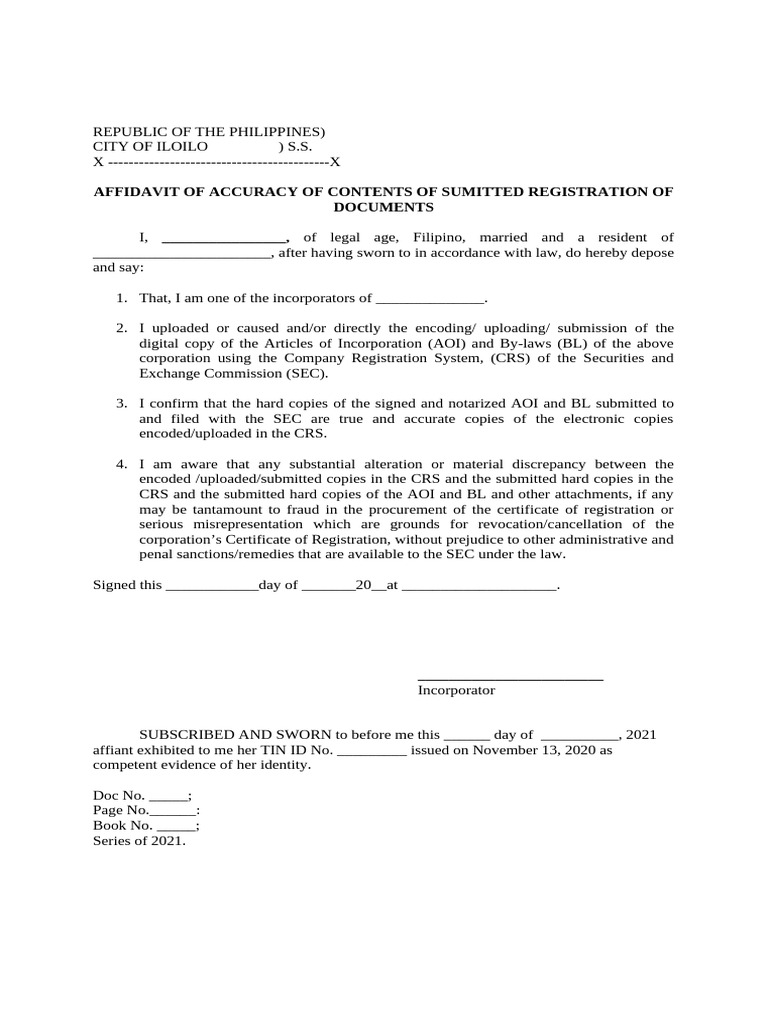 Affidavit of Accuracy for SEC Registration | PDF
