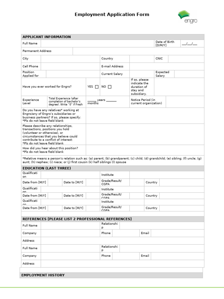 Engro Employment Application Form | PDF | Living Arrangements | Social ...