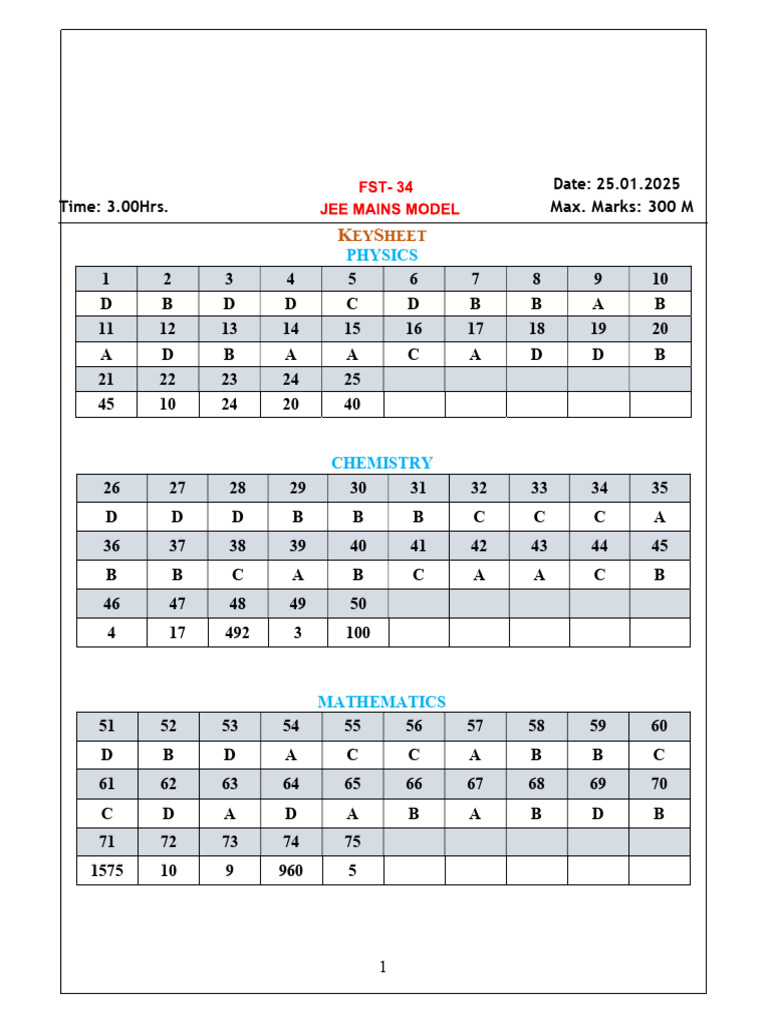 Fst-34 Iit Jee Excel Key 25.01.2025 | PDF