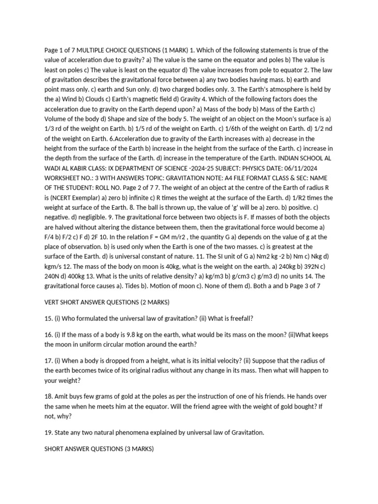 Gravitational Concepts and Questions | PDF | Weight | Gravity