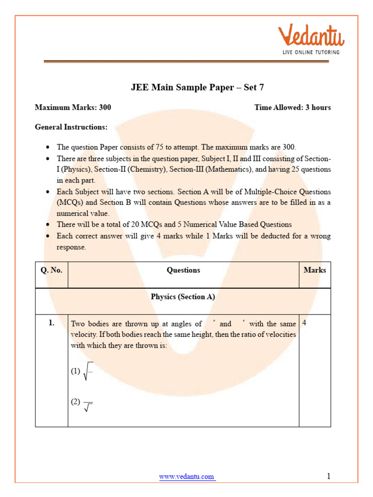 JEE Main 2025 Sample Question Paper-7 With Answer Keys - Free PDF | PDF ...