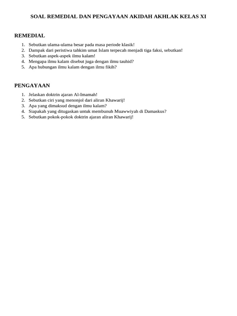 Soal Remedial Dan Pengayaan Akidah Akhlak Kelas Xi | PDF