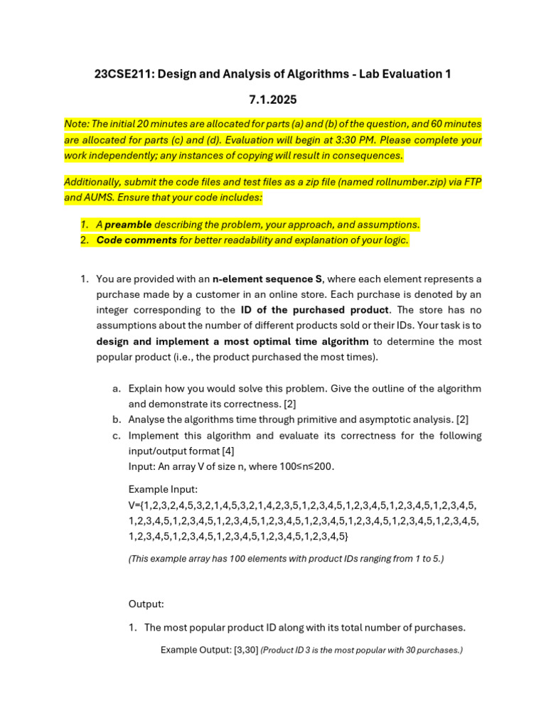 23CSE211 Design and Analysis of Algorithms - Lab Evaluation - 1 | PDF | Time Complexity | Algorithms