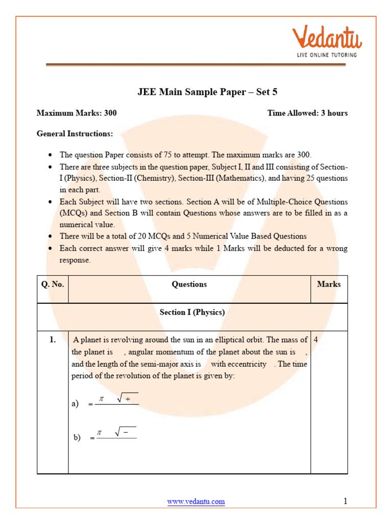 JEE Main 2025 Sample Question Paper-5 With Answer Keys - Free PDF | PDF ...