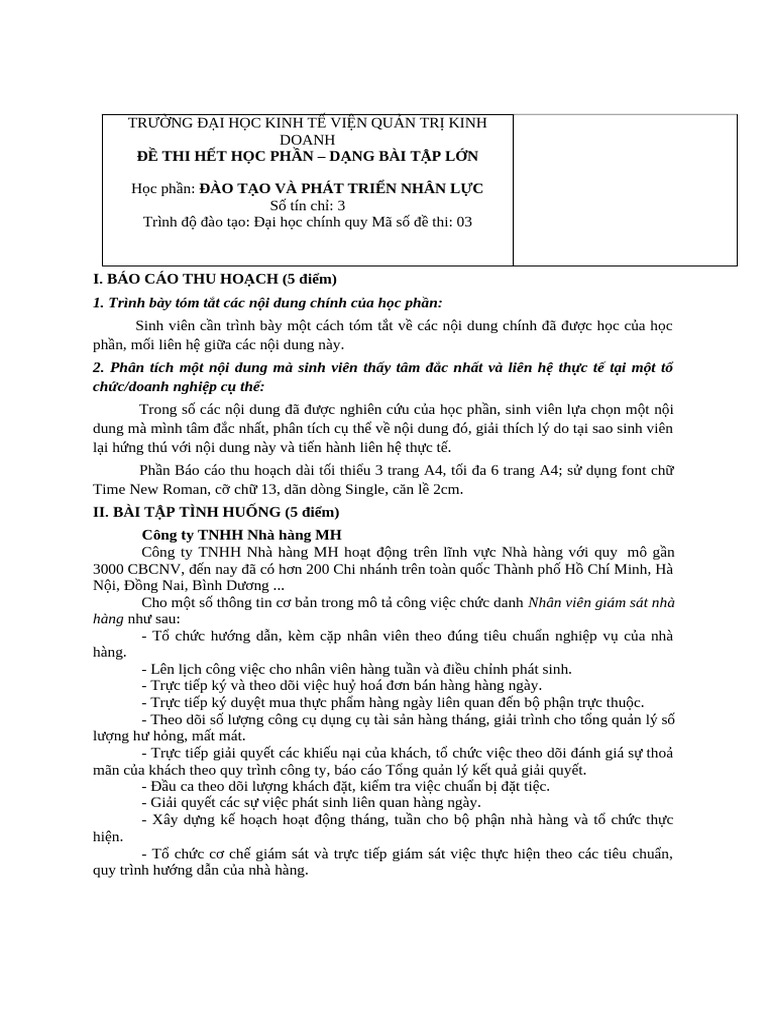 Đề thi ĐÀO TẠO VÀ PTNL (1) | PDF