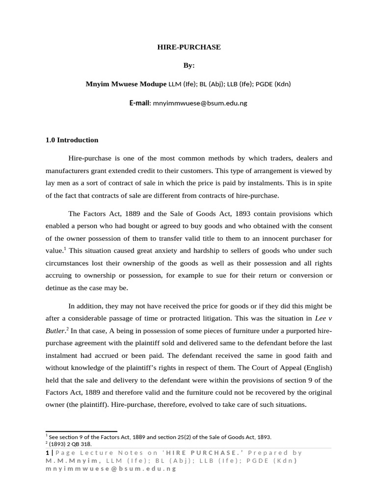 Hire Purchase Notes Read Only | PDF | Mortgage Law | Lease