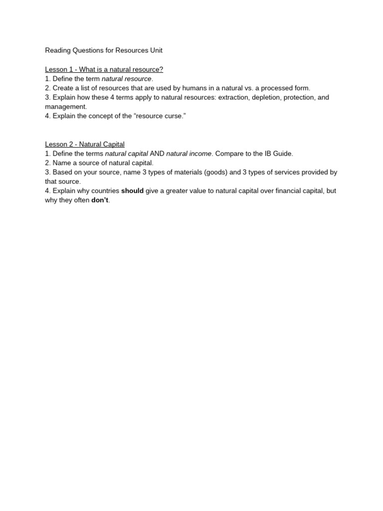Reading Questions For Resources Unit | PDF