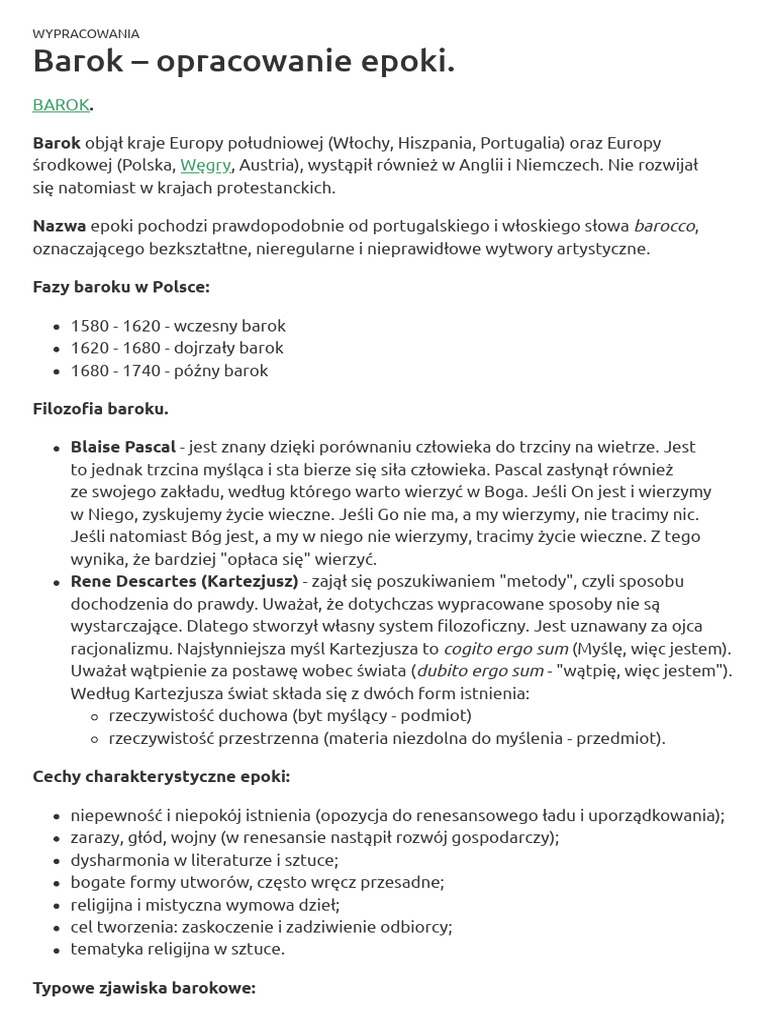 Barok - Opracowanie Epoki. - Barok - Język Polski - Bryk - PL | PDF