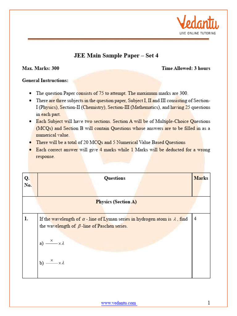 JEE Main 2025 Sample Question Paper-4 With Answer Keys - Free PDF | PDF ...