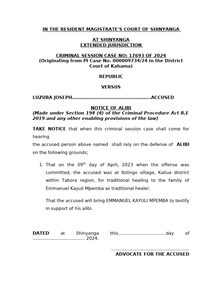 Shinyanga Court Alibi Notice | PDF
