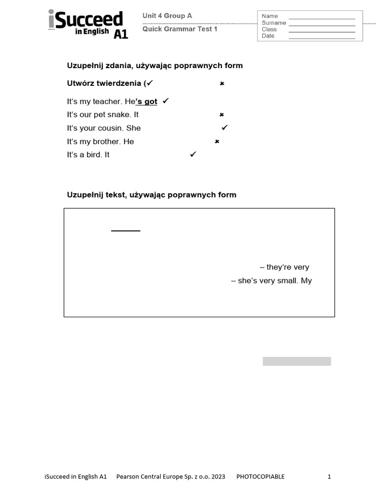 A1 Grammar Test: Have Got Exercises | PDF