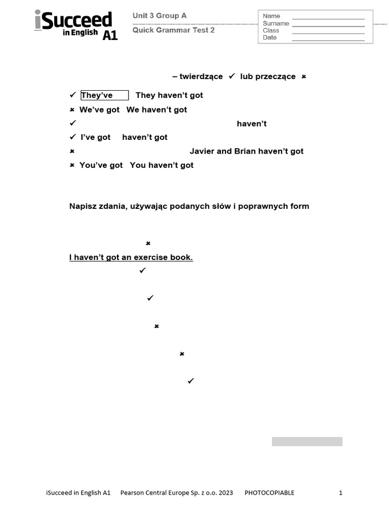 Isucceed - A1 - Unit 3 - Quick Grammar Test 2 - Group - A - Final | PDF