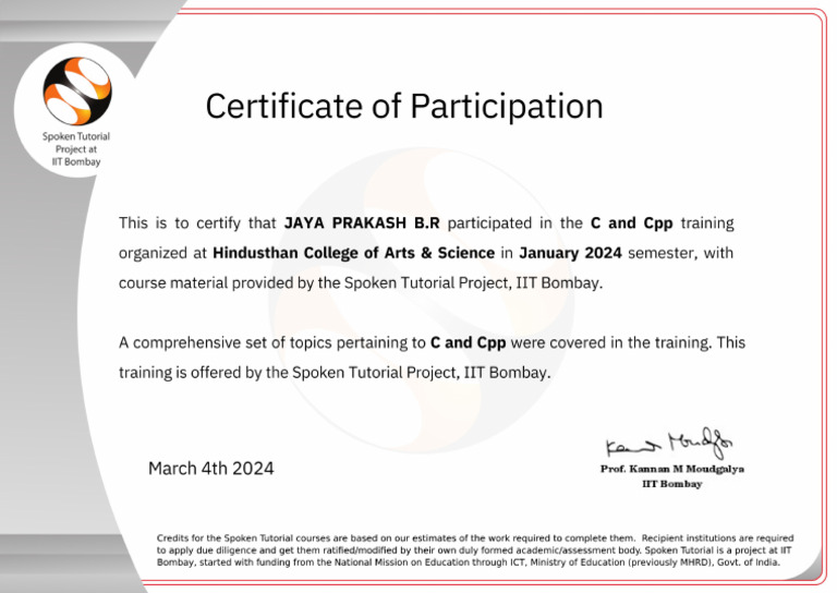 HARI-HARA-PRASANTH-C-and-Cpp-Participant-Certificate (1) .PDF - 20240320 - 101245 - 0000 | PDF