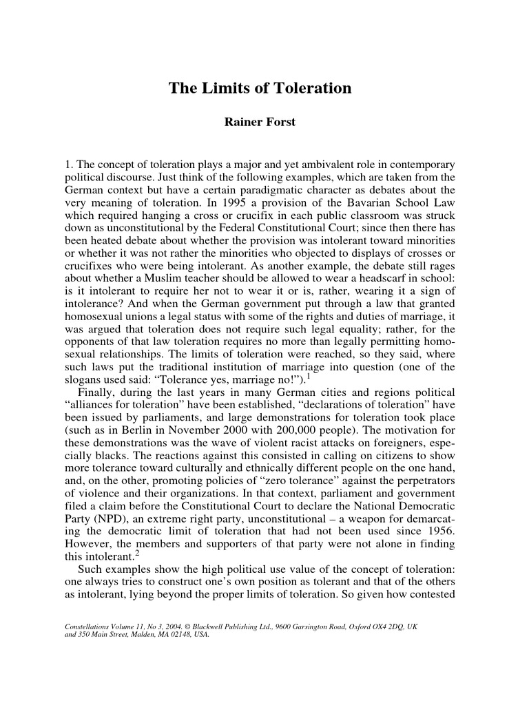 The Limits of Toleration (Rainer Forst 2004, Social & Political ...