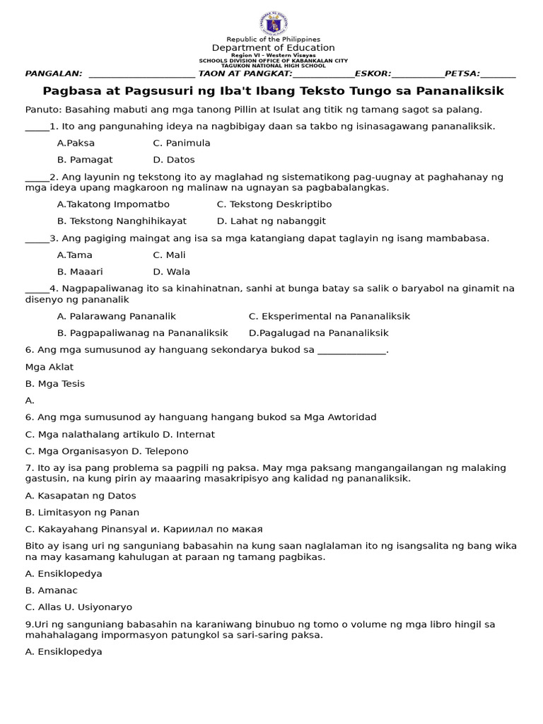 Pagbasa at Pagsusuri (Q3) Exam | PDF
