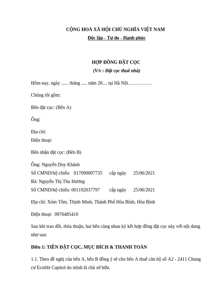 Mau Hop Dong Dat Coc Tien Thue Nha | PDF