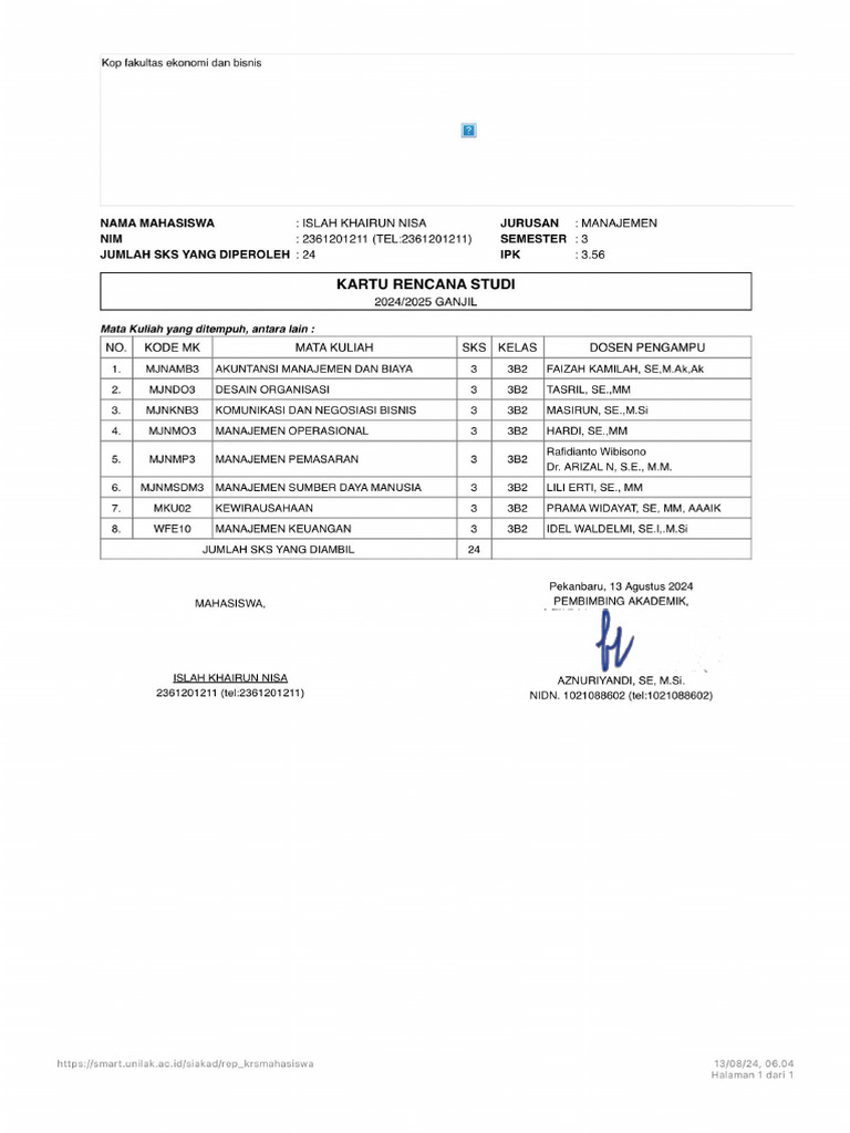 KRS Mahasiswa Semester 3 Tanda Tangan | PDF