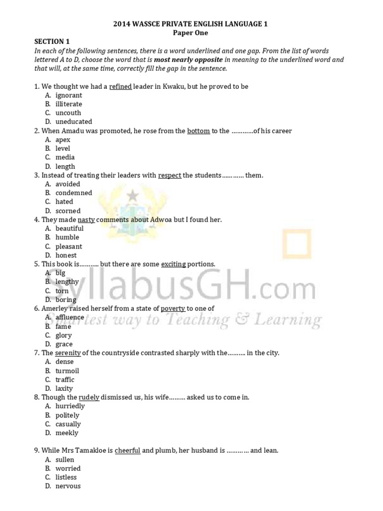 2014 Wassce Private English Language 1 | PDF