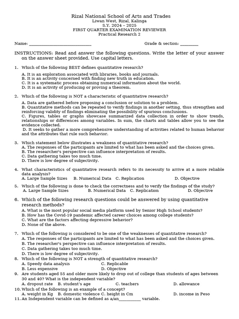 PR 2 First Quarter Exam - Reviewer 24-25 | PDF | Quantitative Research ...