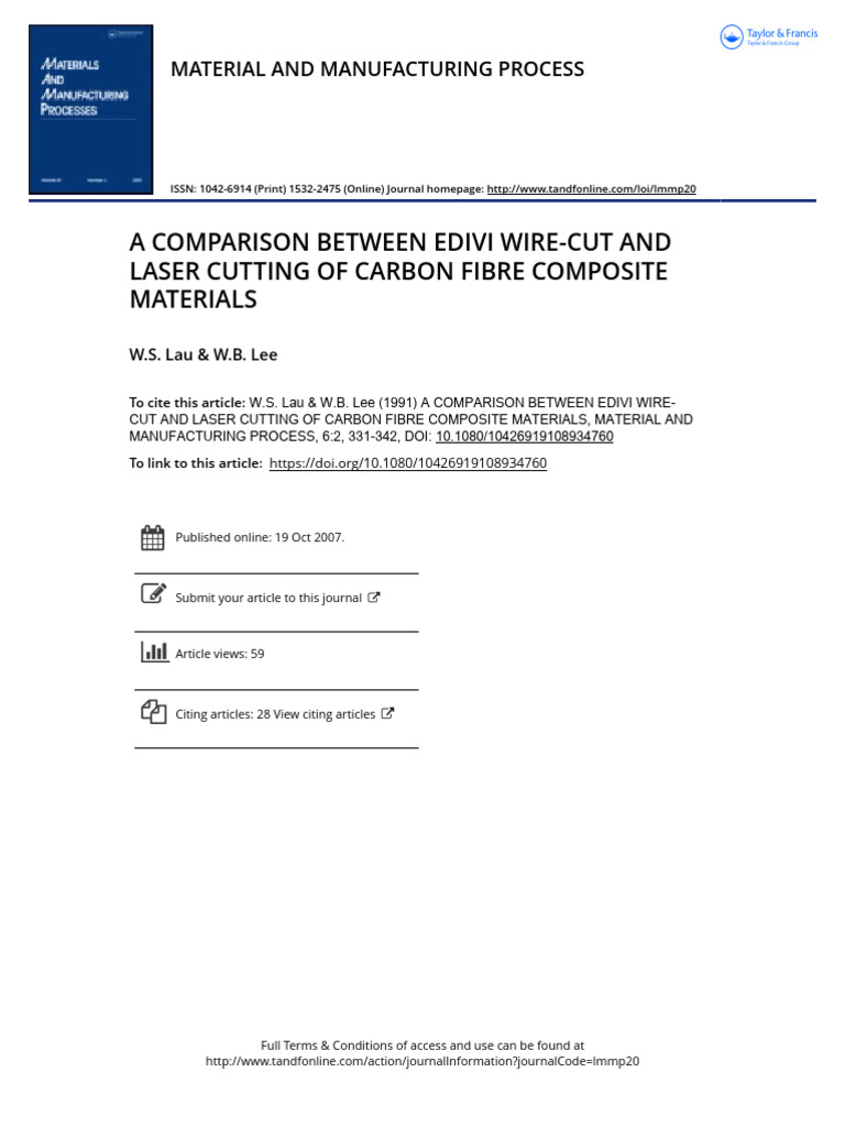 A Comparison Between Edm Wire Cut And Laser Cutting Of Cfrp Pdf Composite Material Machining