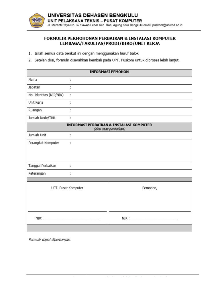 Formulir Permohonan Perbaikan Komputer | PDF
