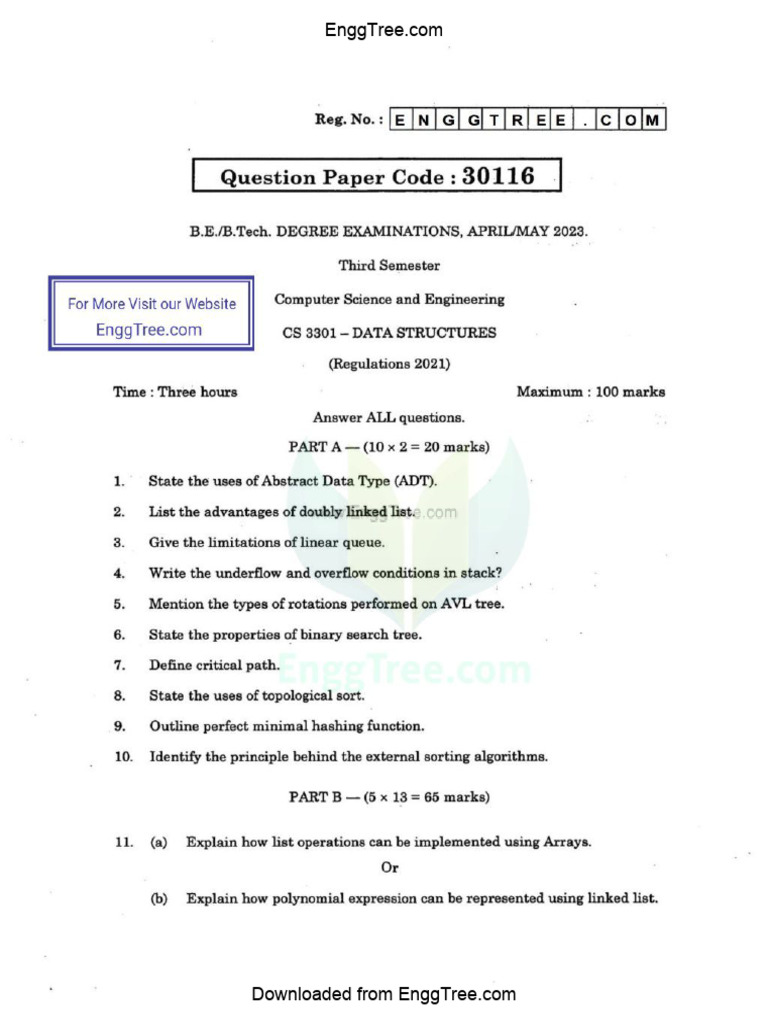 CS3301 Data Structures Apr May 2023 Question Paper Download | PDF