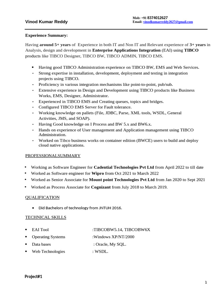 Vinod - Tibco Updated Resume | PDF | Web Service | Software