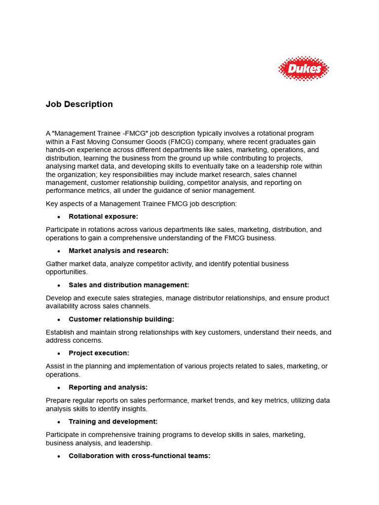 Job Description-Management Trainee (1) | PDF | Marketing | Sales