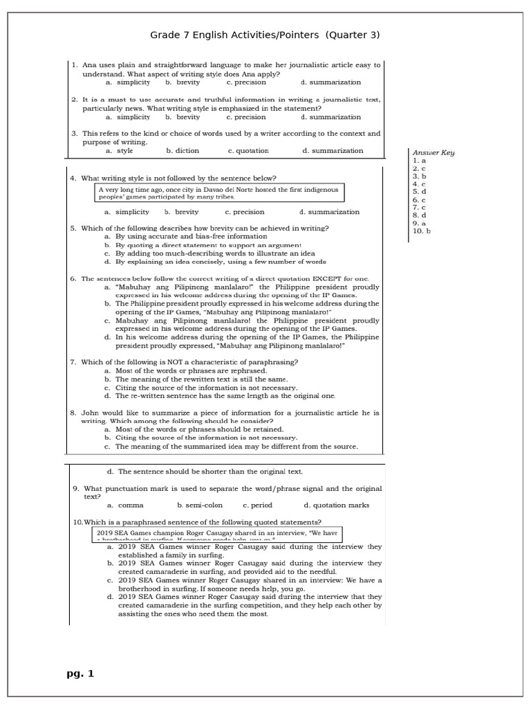 Grade 7 English Activities Quarter 3 | PDF
