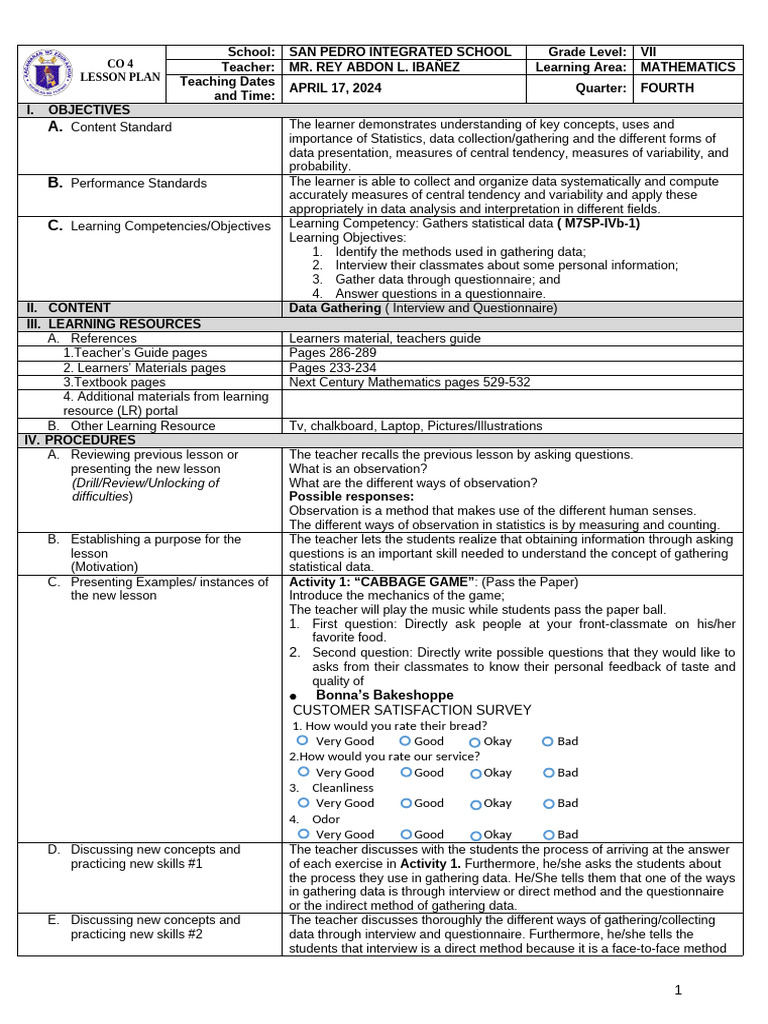 Lesson Plan - Q4_2024 | PDF | Survey Methodology | Questionnaire