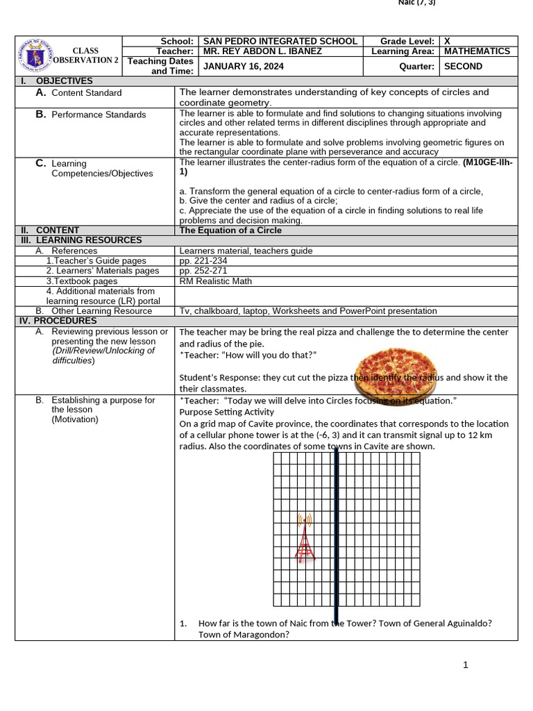 Lesson Plan - Q2 | PDF | Equations | Circle