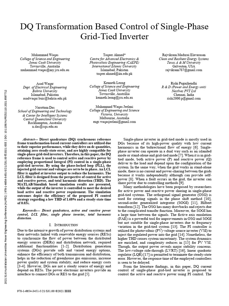DQ Transformation Based Control of Single-Phase Grid-Tied Inverter ...