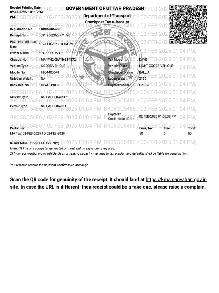 UP Checkpost Tax e-Receipt BR05GC5486 | PDF | Payments