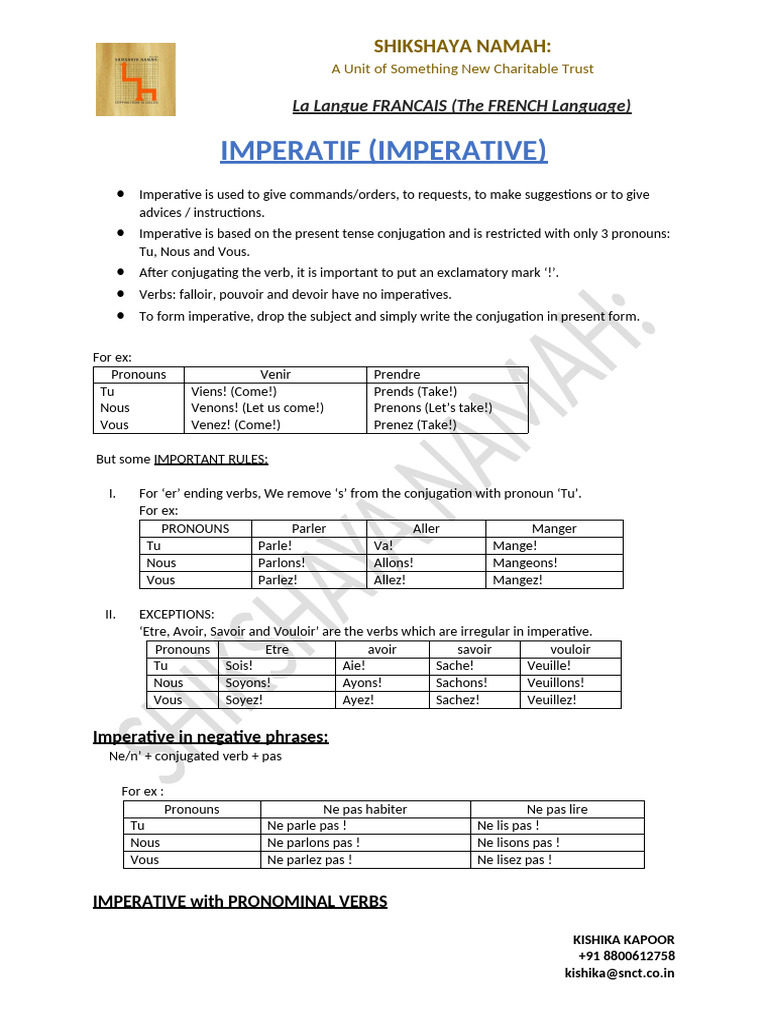 Notes - L'Imperatif | PDF | Grammatical Conjugation | Language Mechanics