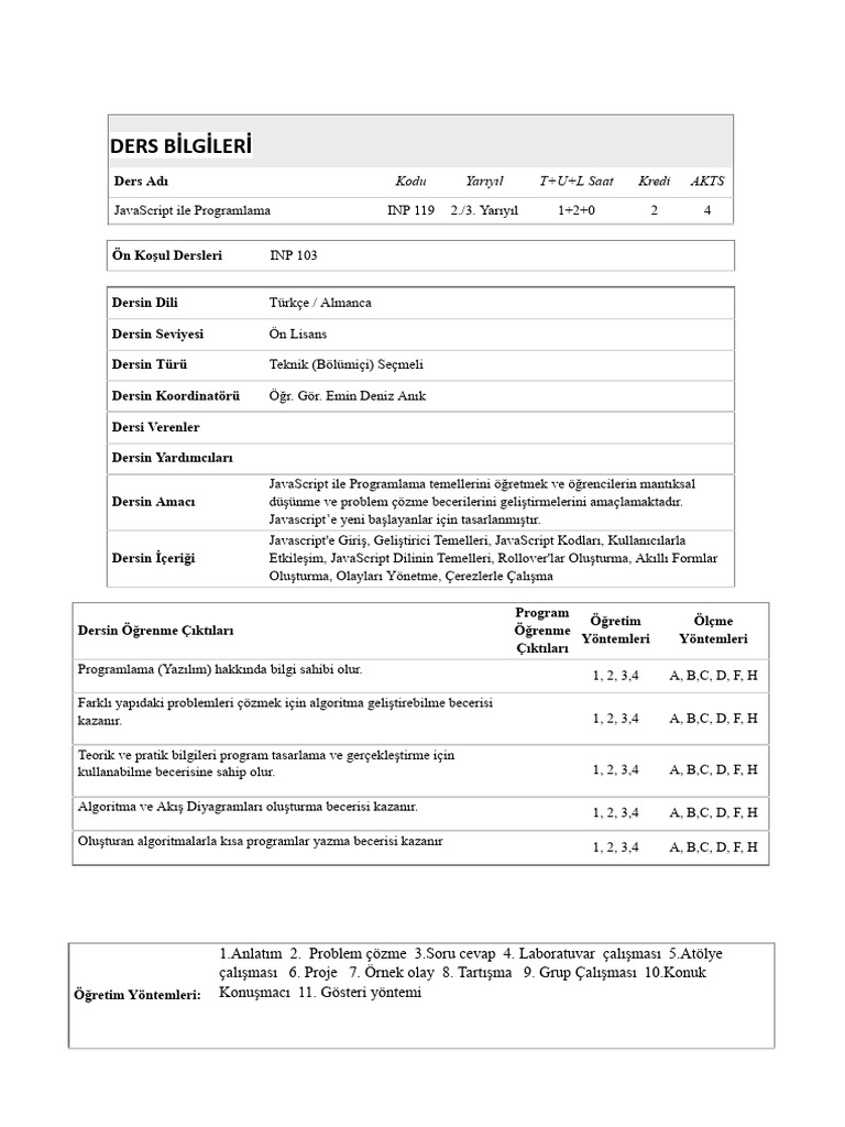 1 İzlence_ INP 119_JavaScript ile Programlama.docx | PDF