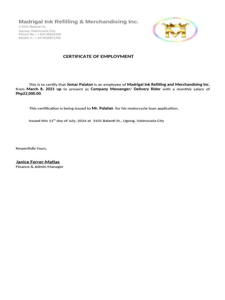 Madrigal Ink Refilling & Merchandising Inc.: Certificate of Employment ...