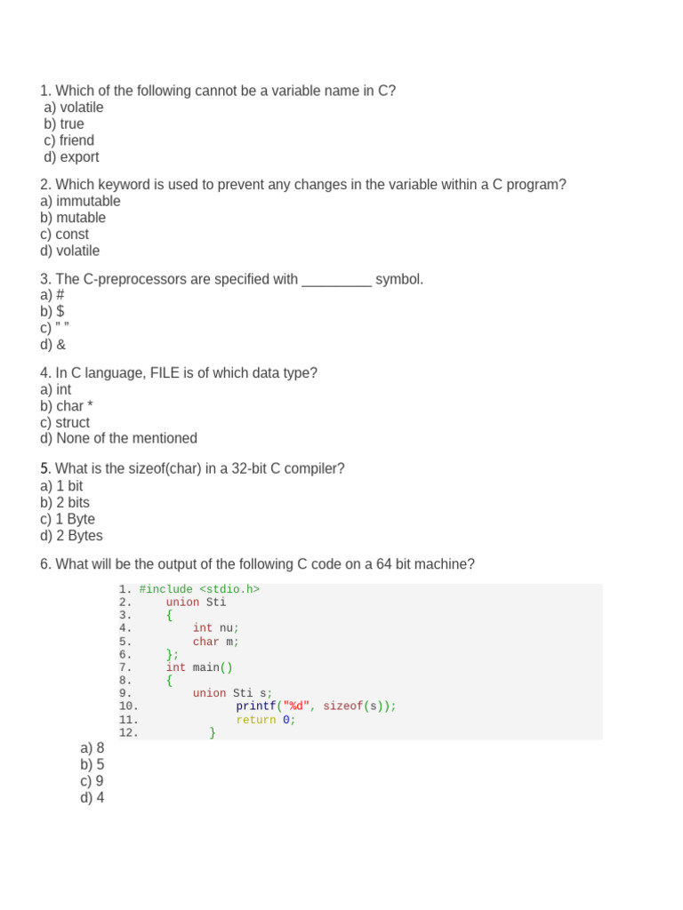 programming in c quiz without answer | PDF
