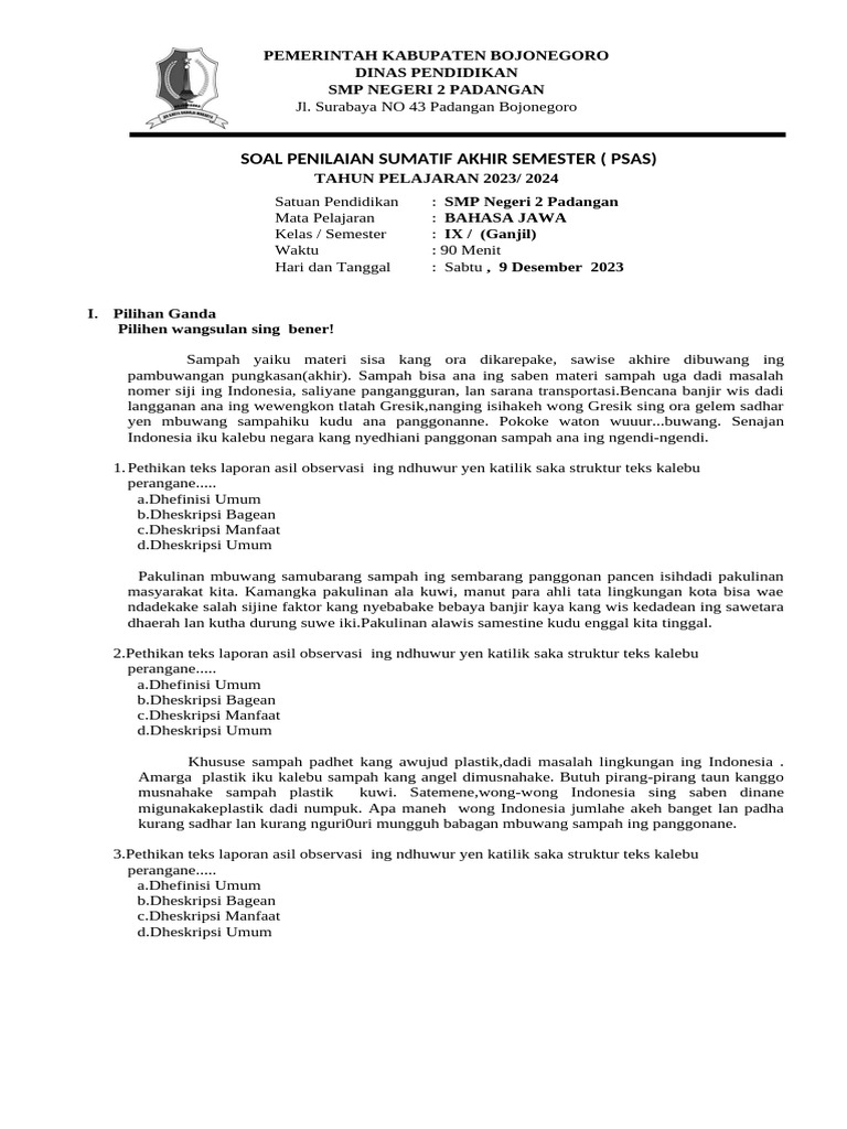 Soal PSAS KLS 9 B.Jawa Ganjil 2023 | PDF