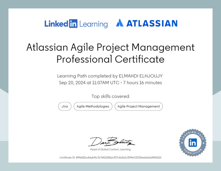 CertificateOfCompletion_Atlassian Agile Project Management Professional Certificate | PDF