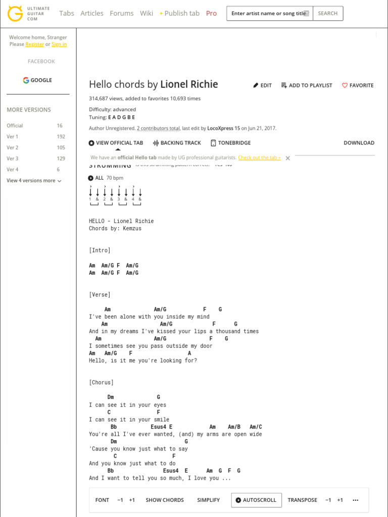 HELLO CHORDS (Ver 5) by Lionel Richie @ | PDF | Song Structure ...