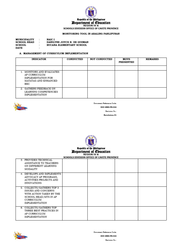 Monitoring Tool in Ap 1 | PDF | Curriculum | Teachers