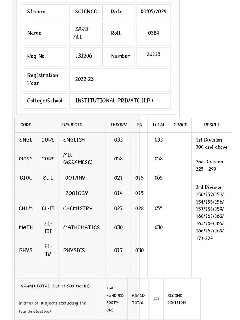 Sarif's HS Marksheet | PDF