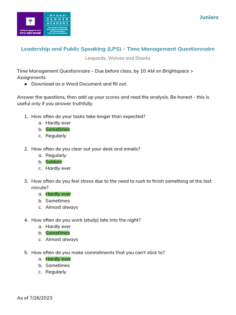 2024-5-Time Management Questionnaire | PDF | Time Management ...