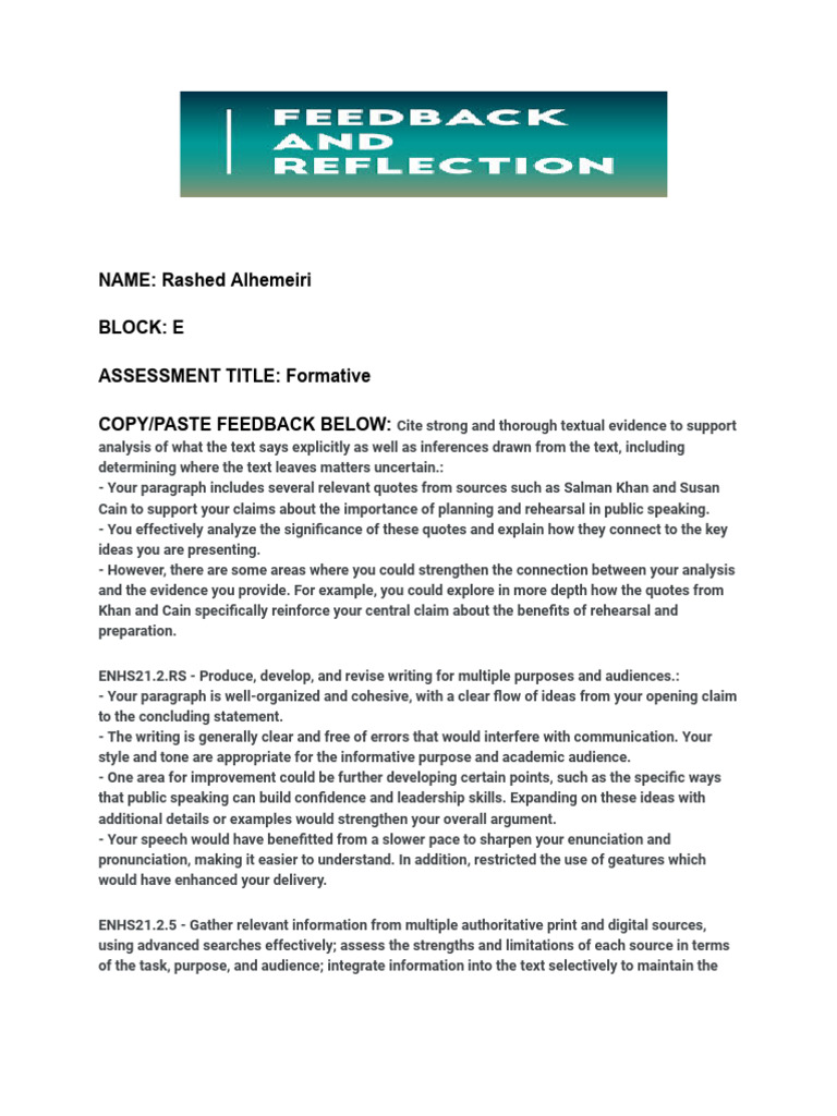 Copy of Unit 1 Formative 2 Student Feedback Reflection | PDF | Public ...