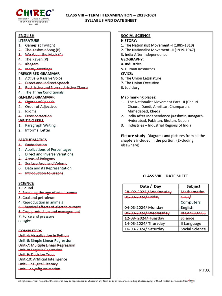 Syllabus and Date Sheer PT 4 Class-8 | PDF