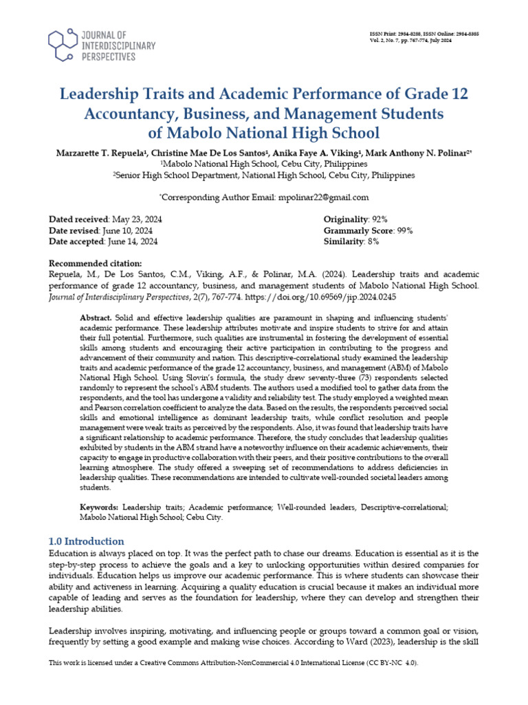 Leadership Traits and Academic Performance of Grade 12 Accountancy ...