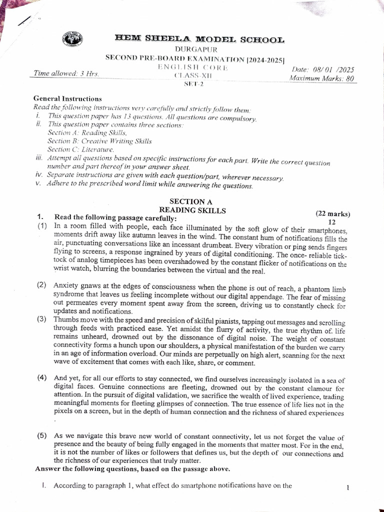 PB2 Set 2 English Class 12 HSMS | PDF | Adolescence