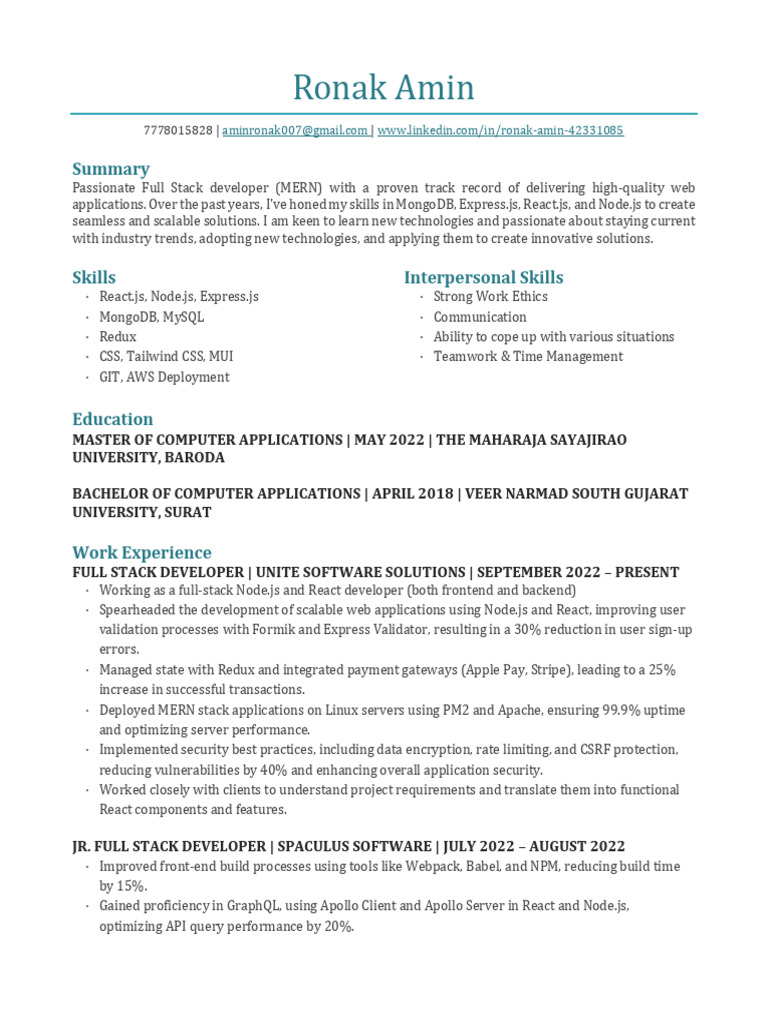 Ronak Amin Resume | PDF | Computing | Information Technology