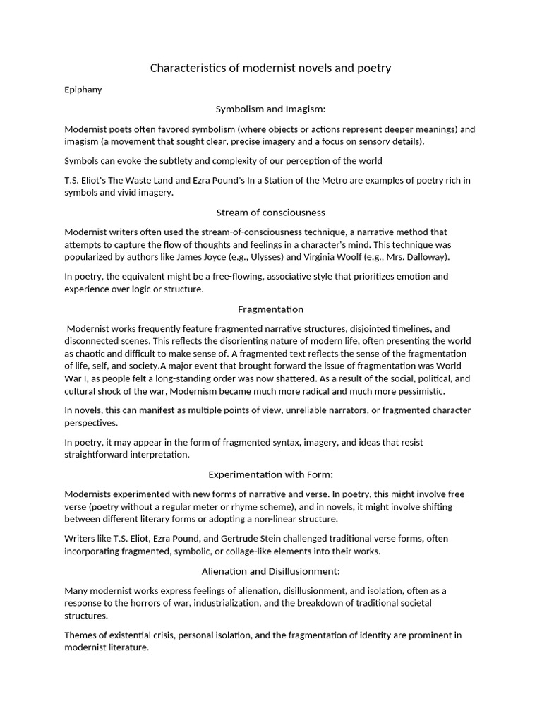 Characteristics of Modernist Novels and Poetry | PDF | Literary ...
