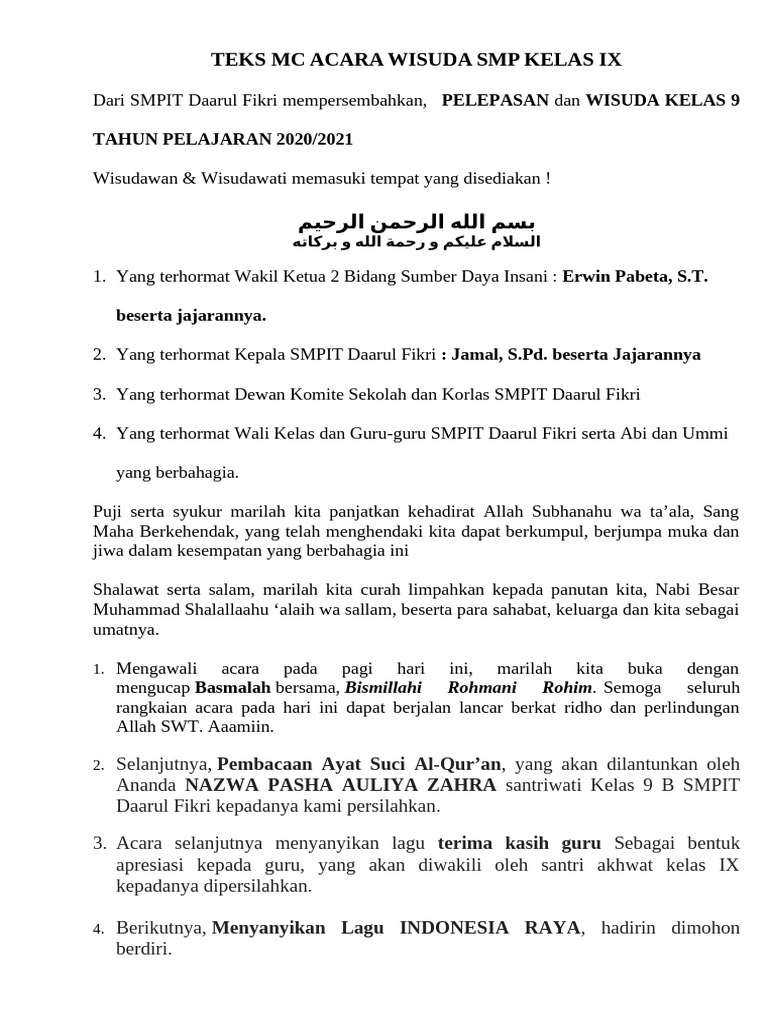 Teks MC Acara Wisuda SMP Kelas Ix 2021 | PDF